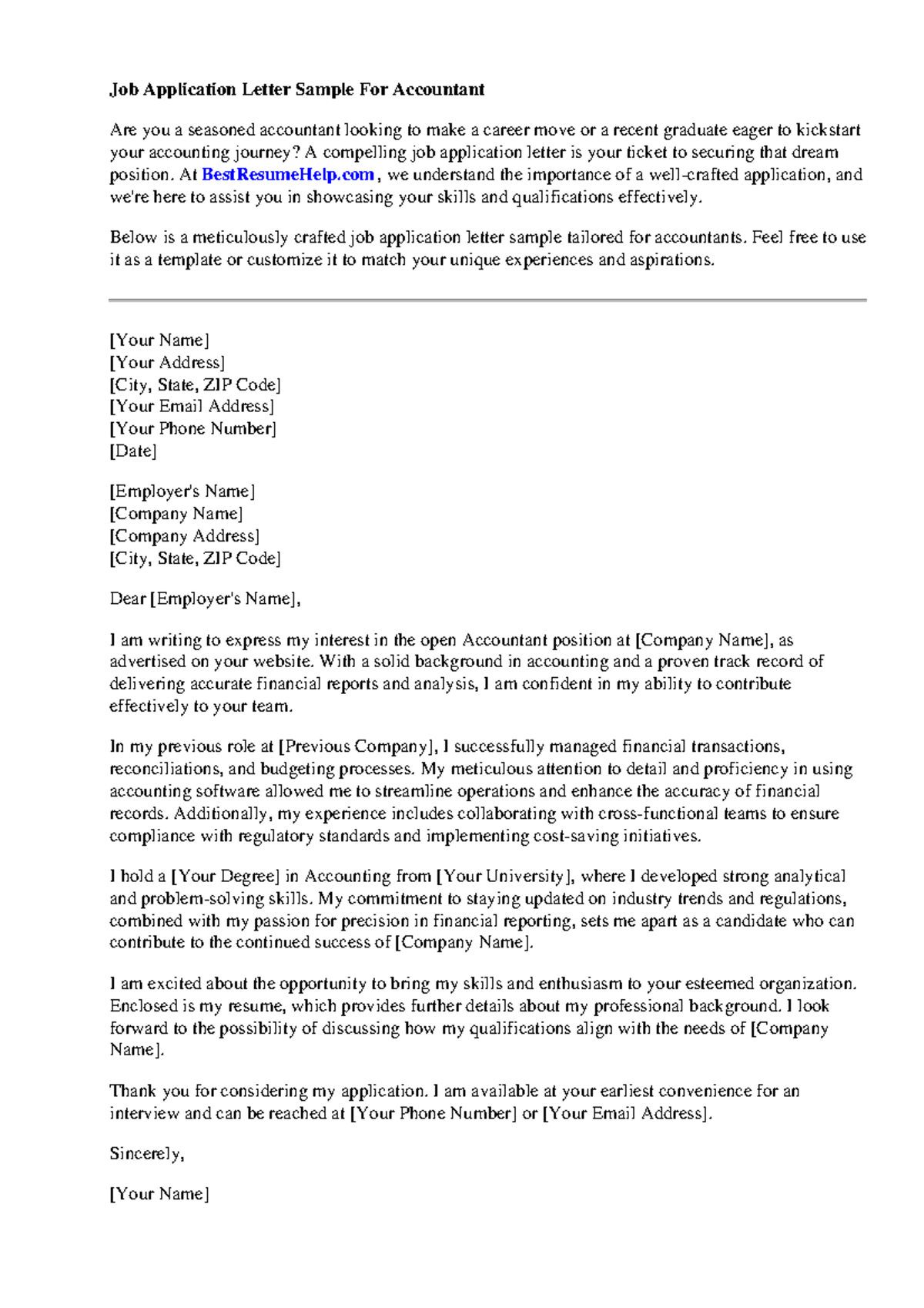 Job Application Letter Sample for Accountant Position Template - Studocu