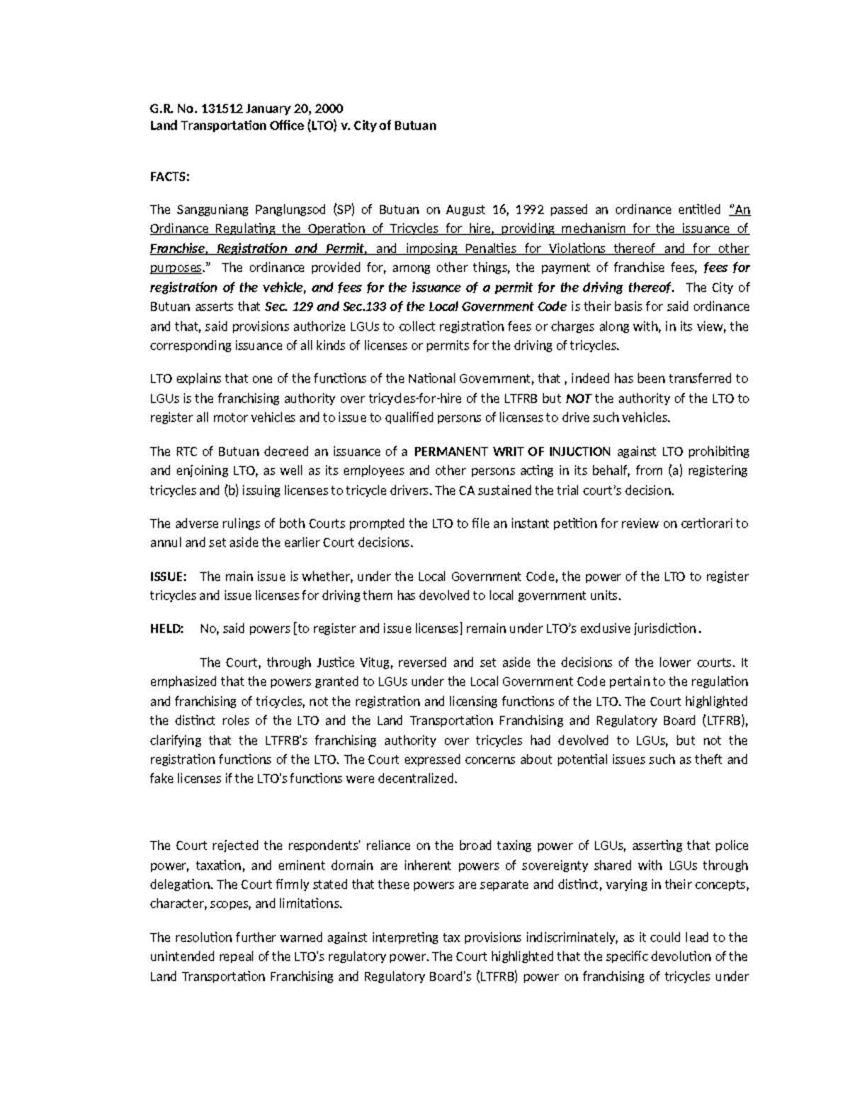 100514925-LTO v City of Butuan Case Digest Summary - Studocu