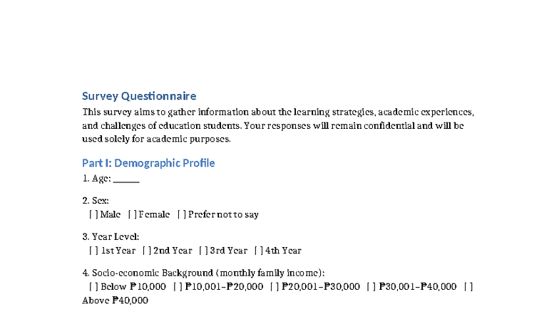 Survey Questionnaire: Learning Strategies & Academic Challenges - Studocu