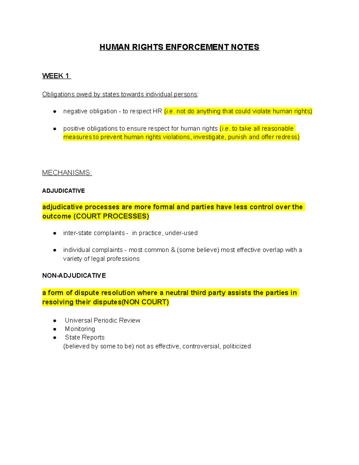 Human Rights Enforcement Notes (HRE101) - Week 1 & 2 Overview - Studeersnel