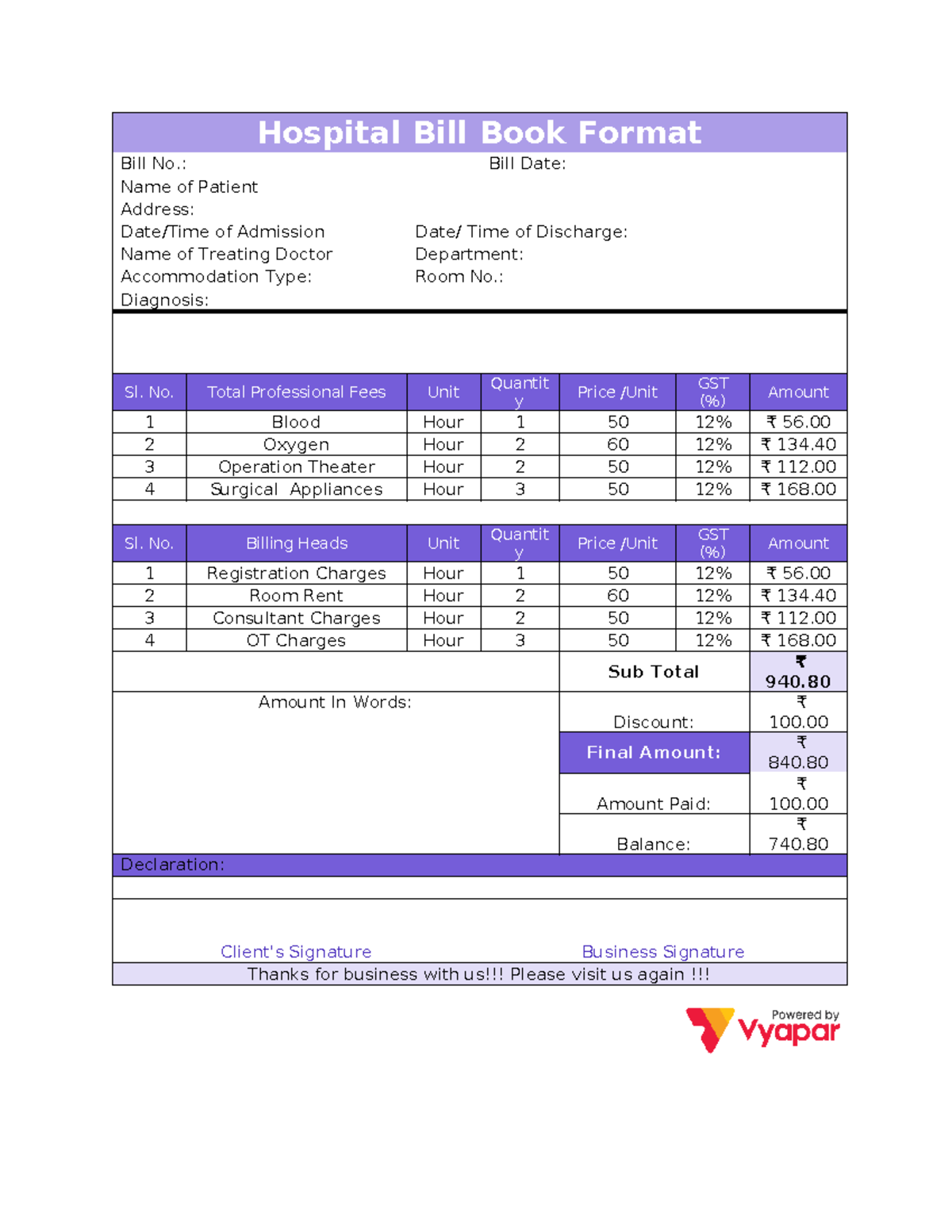 Hospital Bill Book Format - Template 03 - Studocu