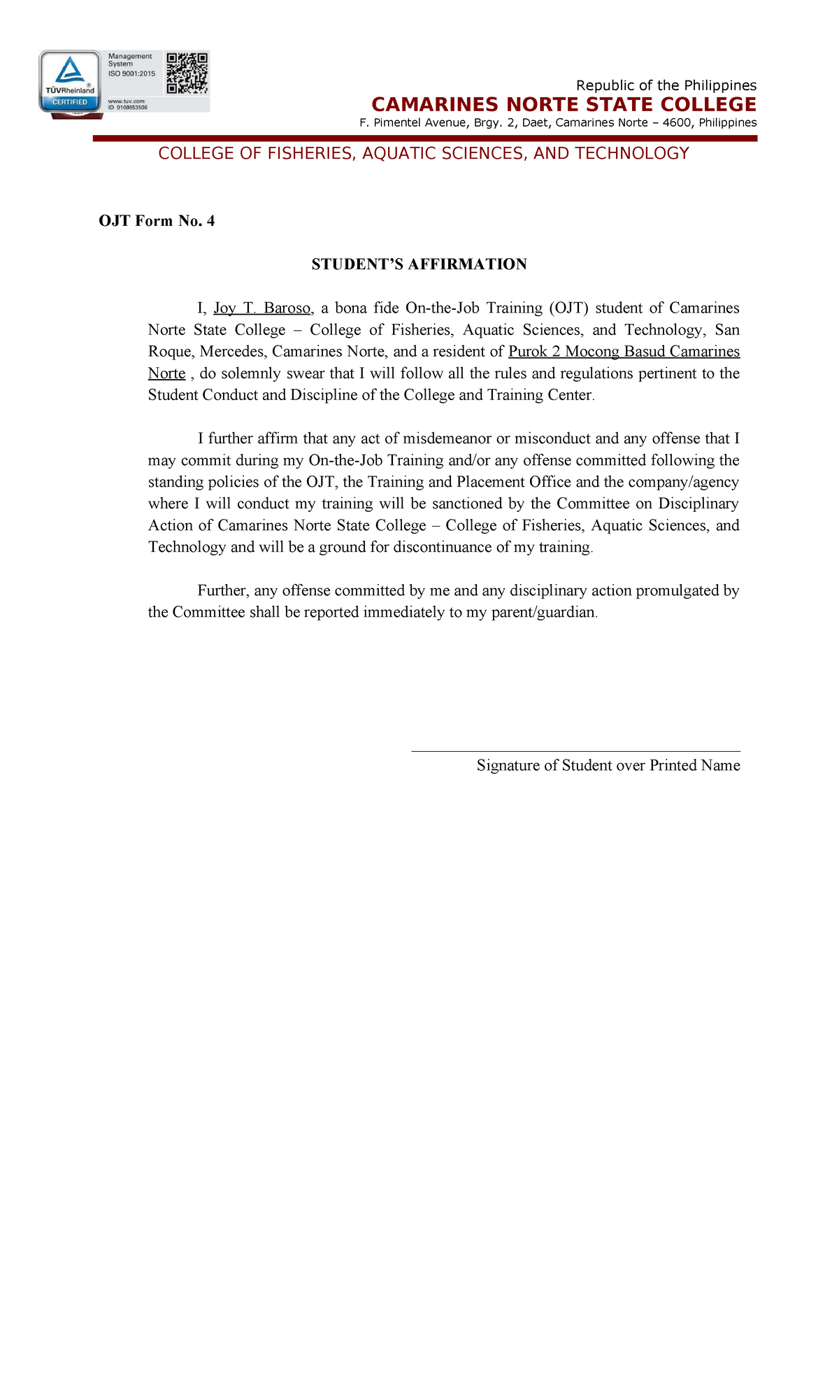 OJT Form No. 4: Student Affirmation by Joy T. Baroso - Studocu