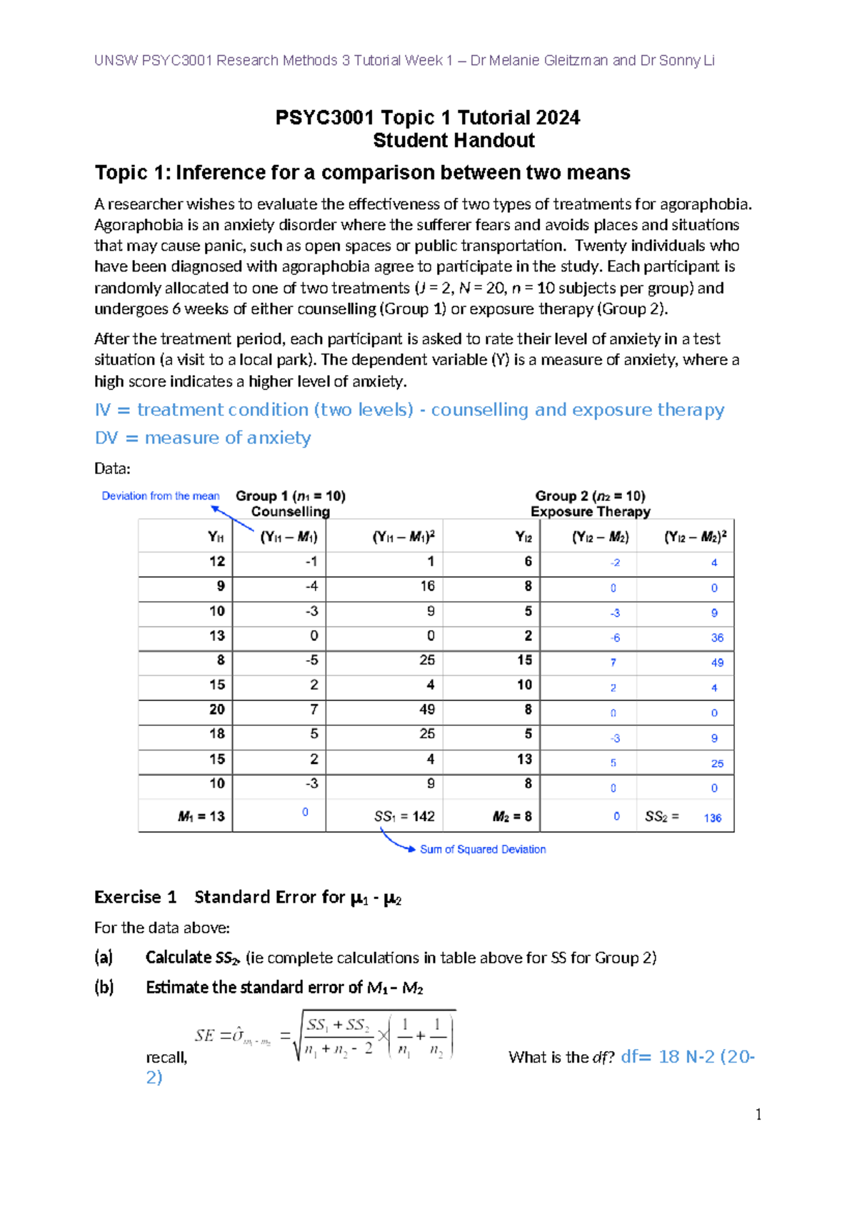 WEEK ONE - Topic 1 - Week One tutorial handout - completed - PSYC3001 ...