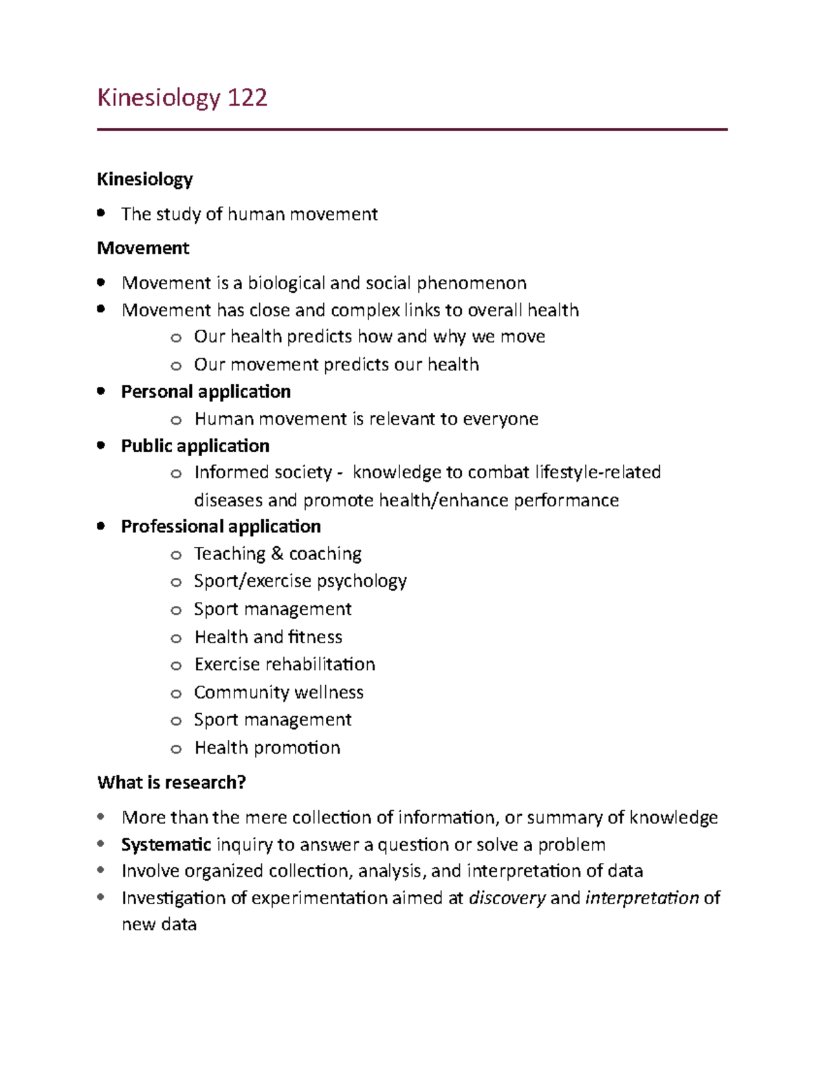 Kinesiology 122 Lecture Notes: Human Movement & Research Concepts - Studocu