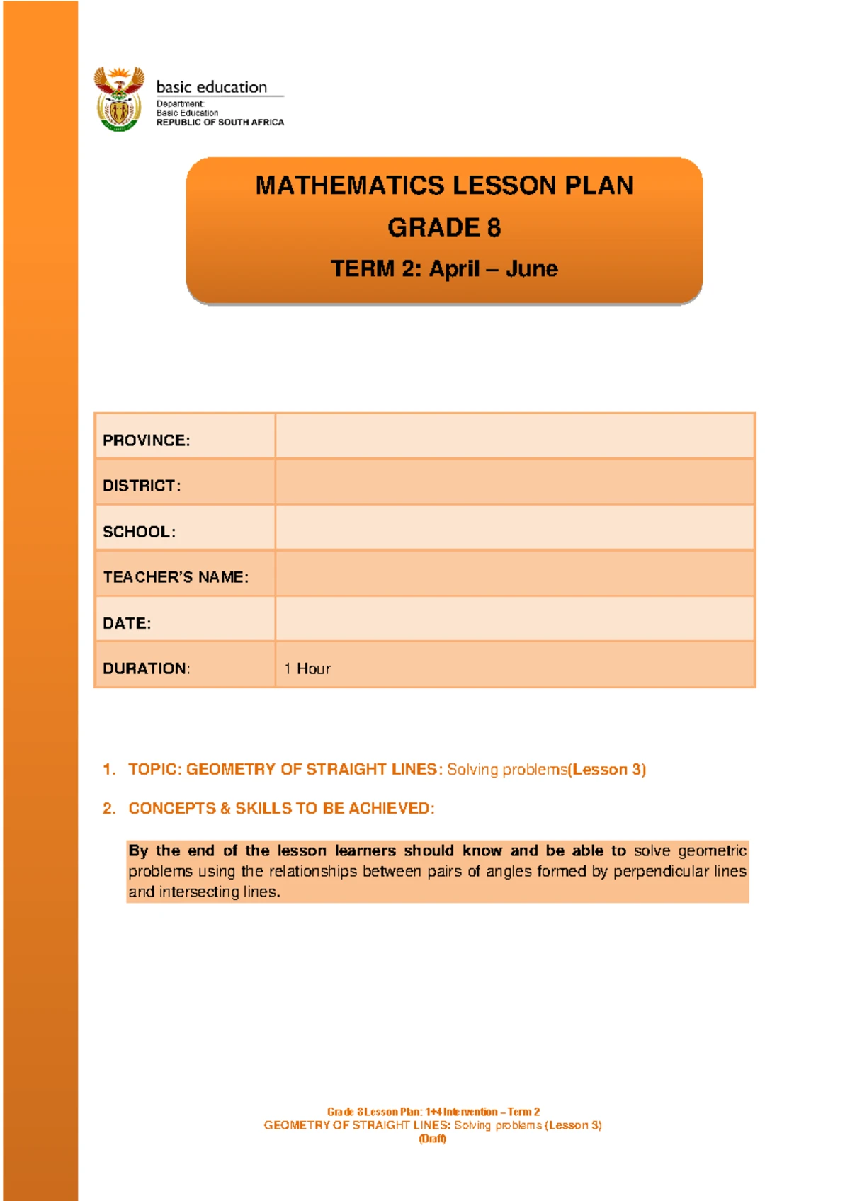 Mathematics Grade 8 TERM 2 Lesson Plans: Geometry & 2D Shapes - Studocu