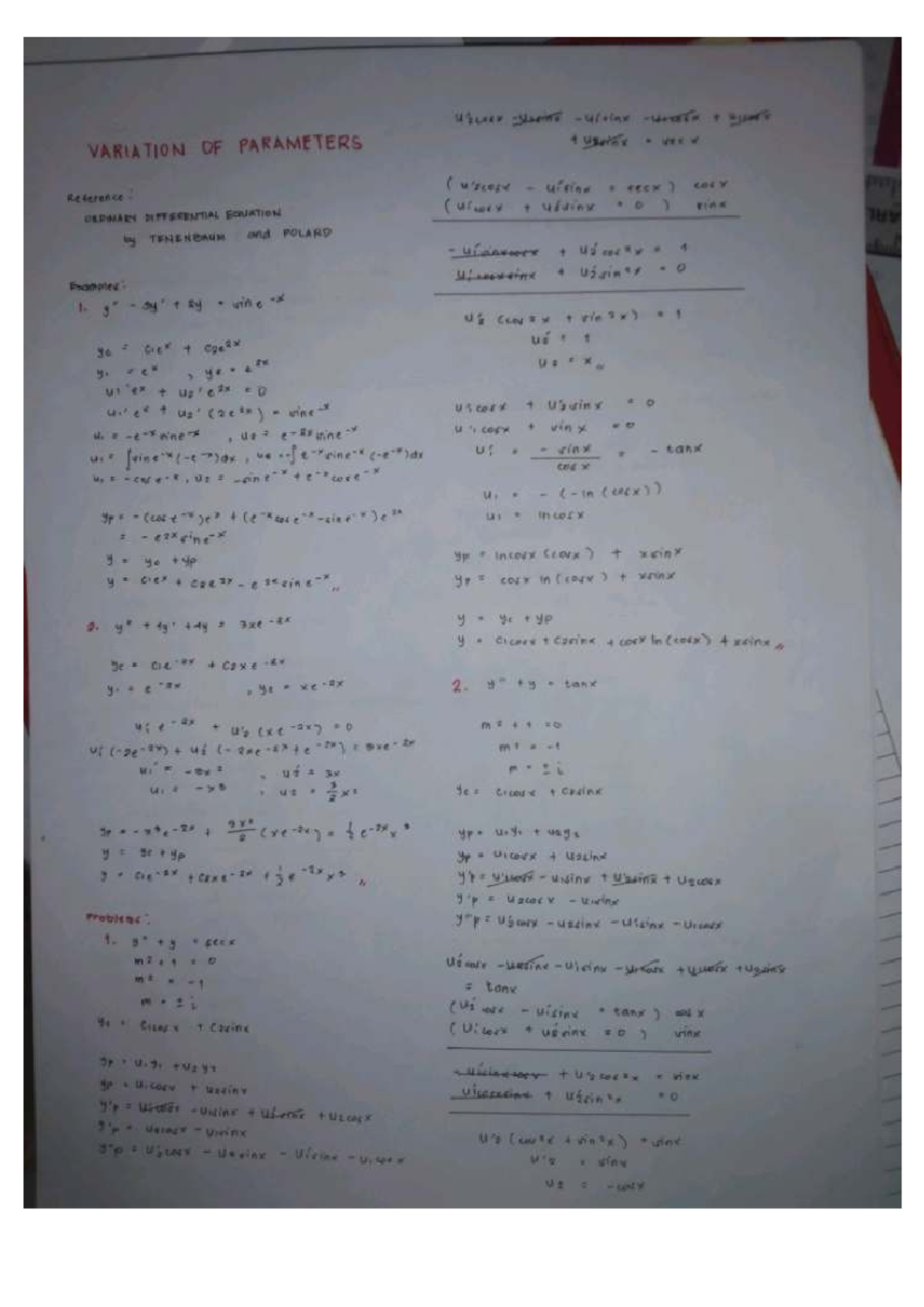 DE - Variation of Parameters in Ordinary Differential Equations - Studocu