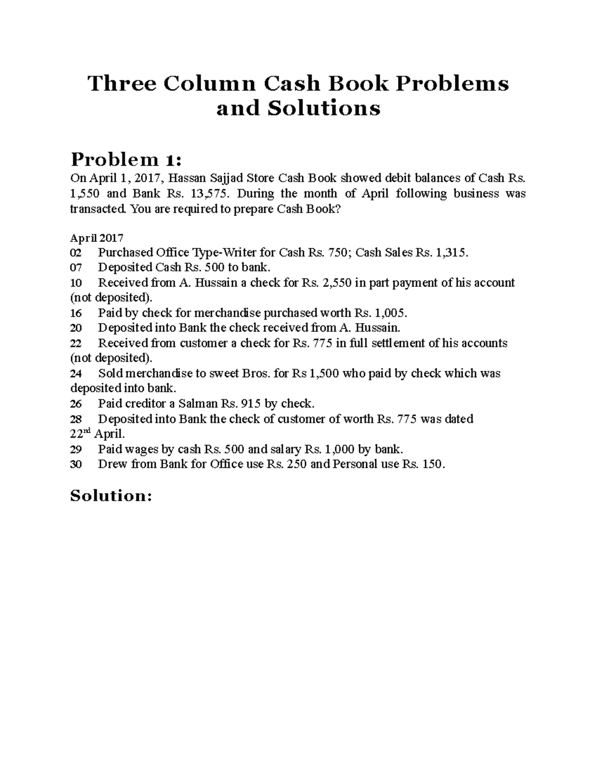 Three Column Cash Book Problems & Solutions for ACCT101 Analysis - Studocu