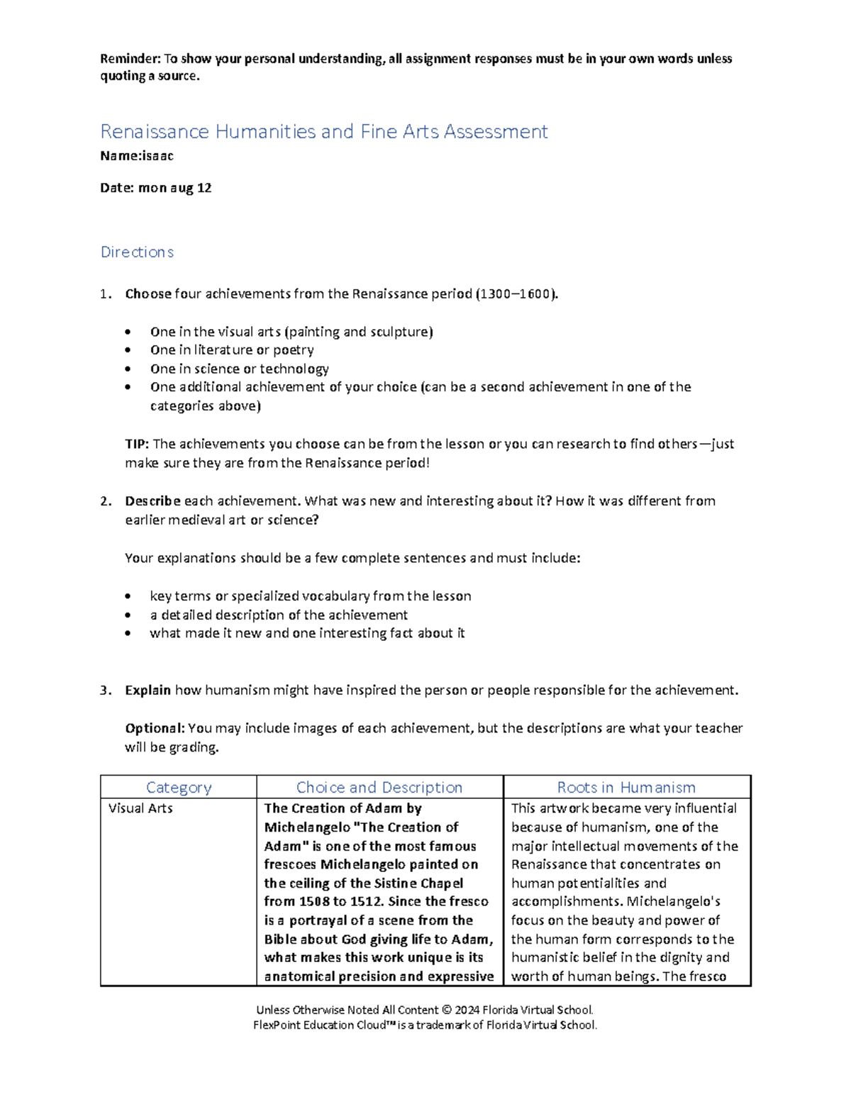 Renaissance Humanities & Fine Arts Assessment: Achievements Explored ...