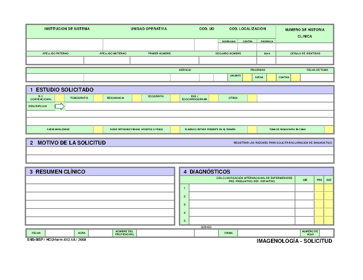 Formato Imagenología - Solicitud de Estudio Clínico 012-MSP - Studocu