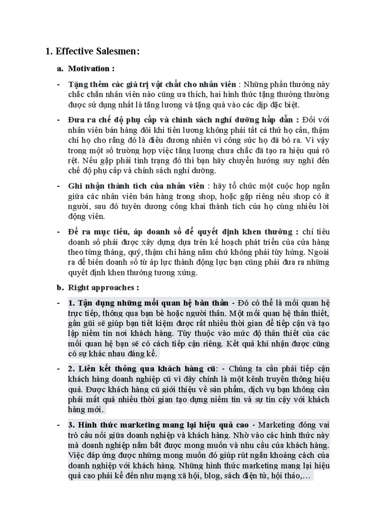 Bài 1 câu 1 - asdasdasd - 1. Effective Salesmen: a. Motivation : Tặng ...