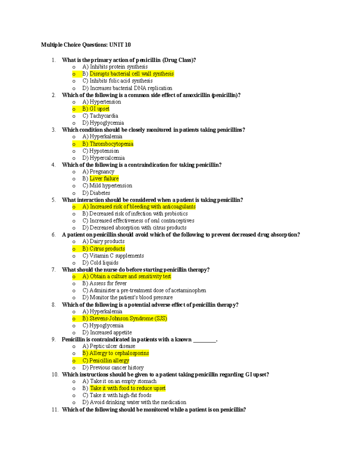 Unit 10 Pharmacology: Multiple Choice Questions on Drug Classes - Studocu
