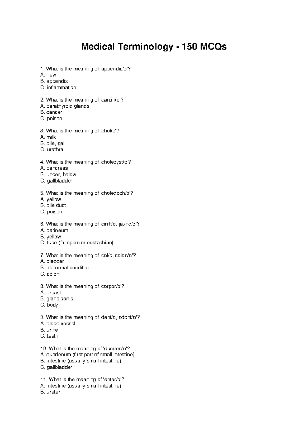 Medical Terminology 150 MCQs - Meanings and Definitions - Studocu