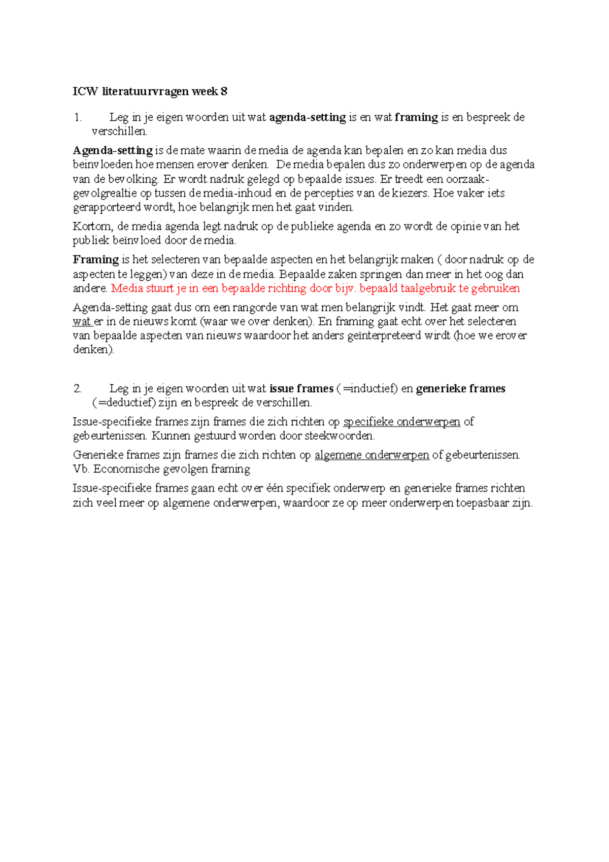 ICW Literatuurvragen Week 8: Agenda-Setting & Framing Uitleg - Studeersnel
