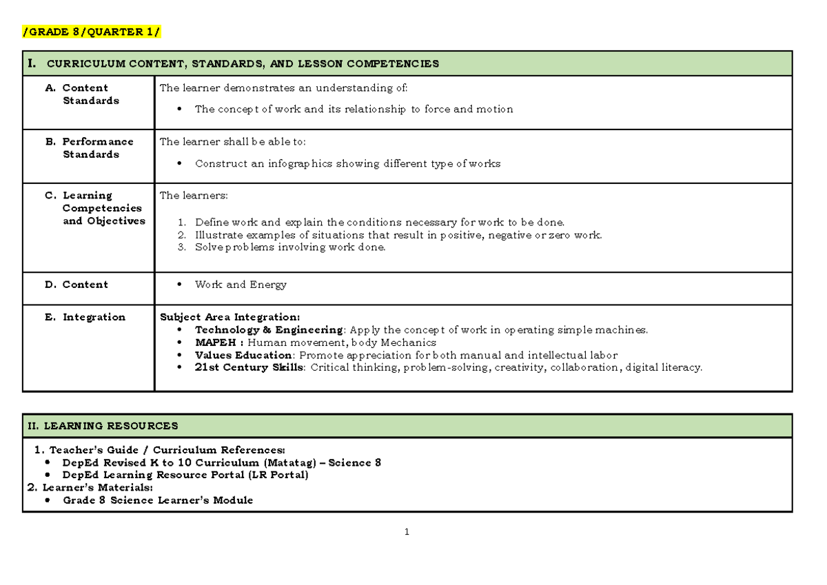 Lesson Plan: Work and Energy Concepts (065439) - Studocu