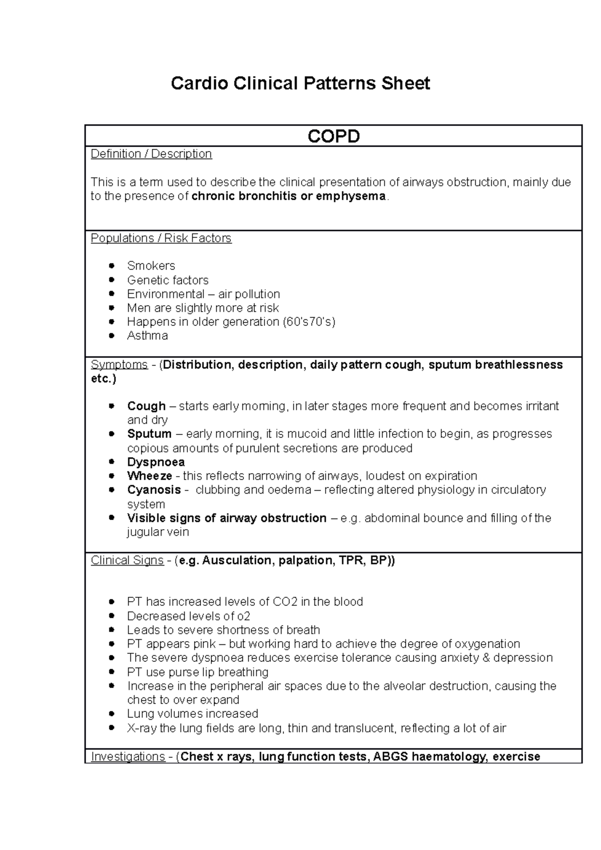 COPD - clinical pattern sheets - Cardio Clinical Patterns Sheet COPD ...