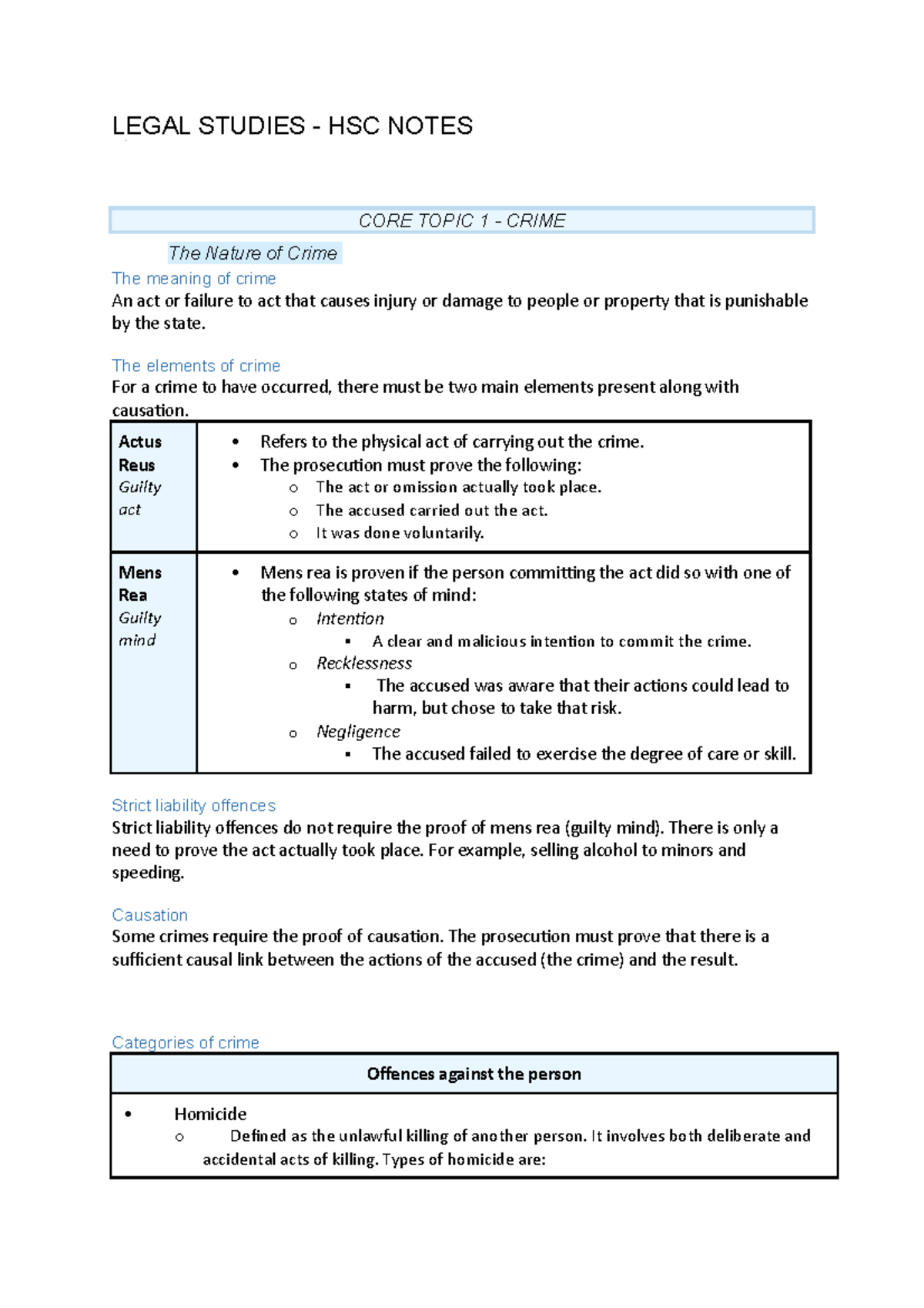 Legal Studies - nature of crime notes - LEGAL STUDIES - HSC NOTES CORE ...