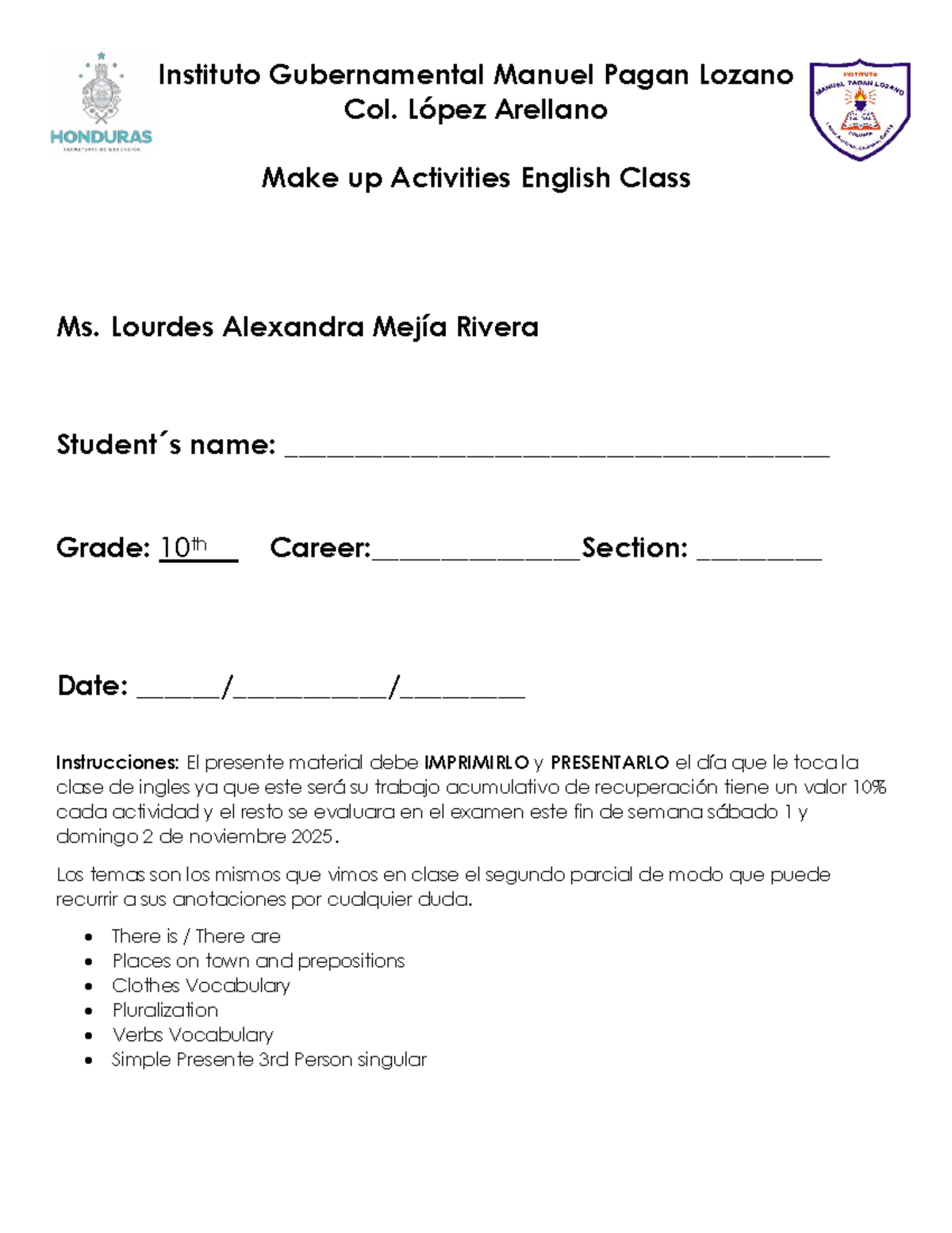 Make-up Activities for 10th Grade English Class (IGMPL) - Studocu