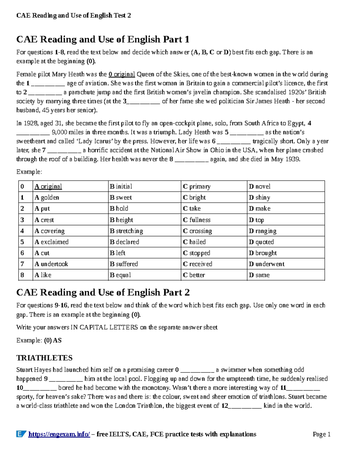 CAE Reading and Use of English Practice Test 2: Comprehensive Questions ...