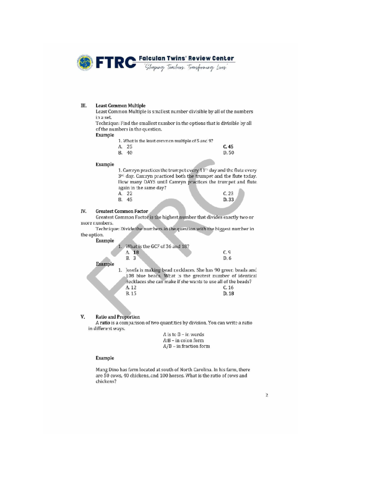 Genmath - FTRC Review on LCM, GCF, Ratios, and More - Studocu