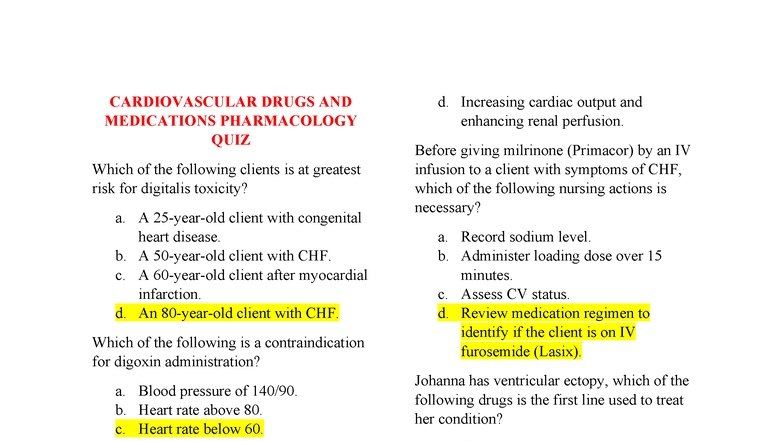 CARDIOVASCULAR DRUGS PHARMACOLOGY QUIZ - TEST 2 - Studocu