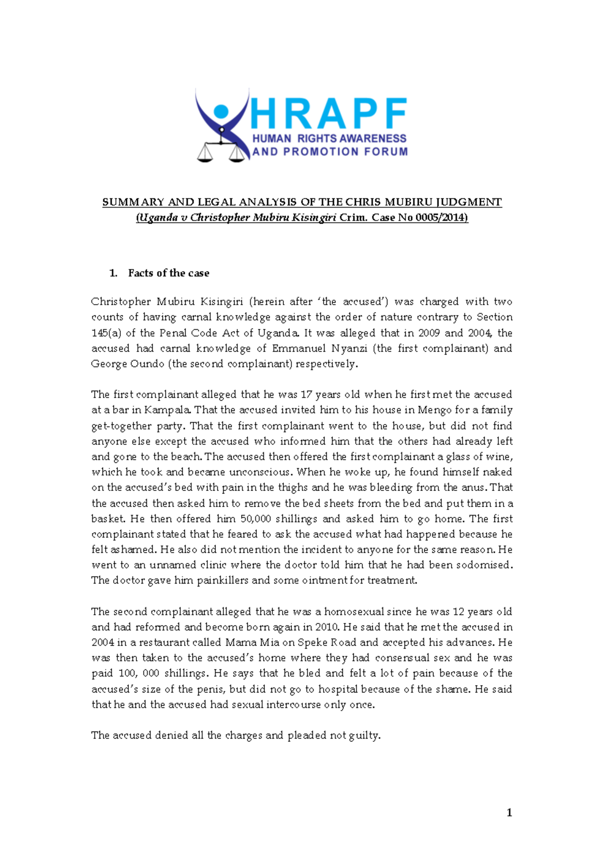 Legal Analysis of the Chris Mubiru Judgment (Crim. Case No. 1) - Studocu