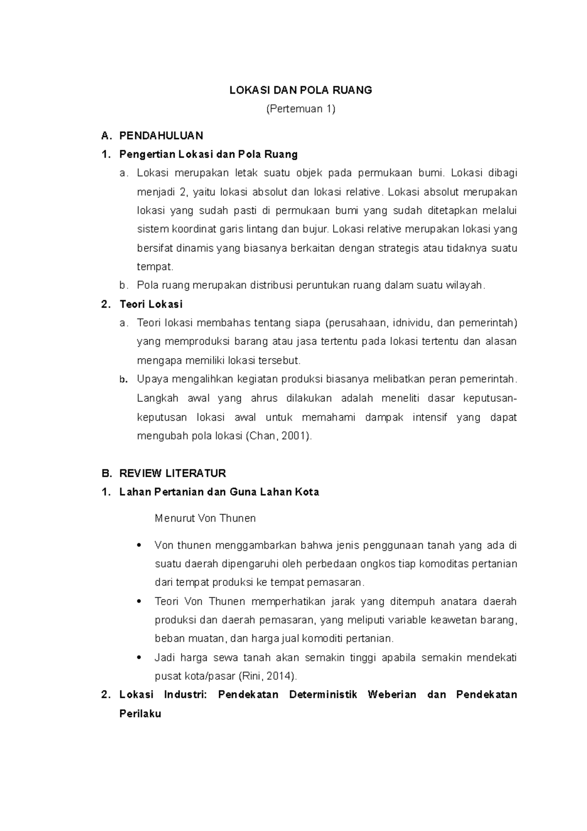 Lokasi dan Pola Ruang: Teori dan Analisis (Pertemuan 1) - Studocu
