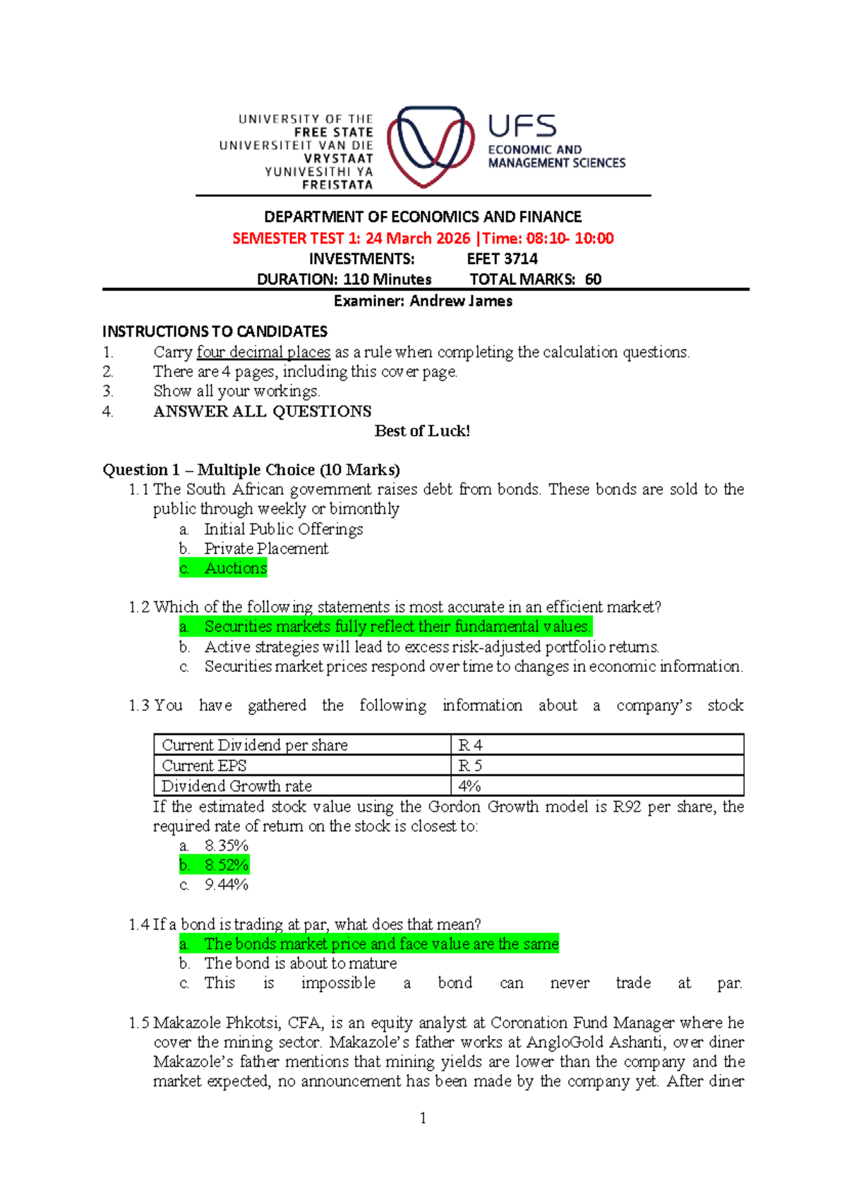 Sem Test 1 Solutions: Investments EFET 3714 - March 2026 - Studocu