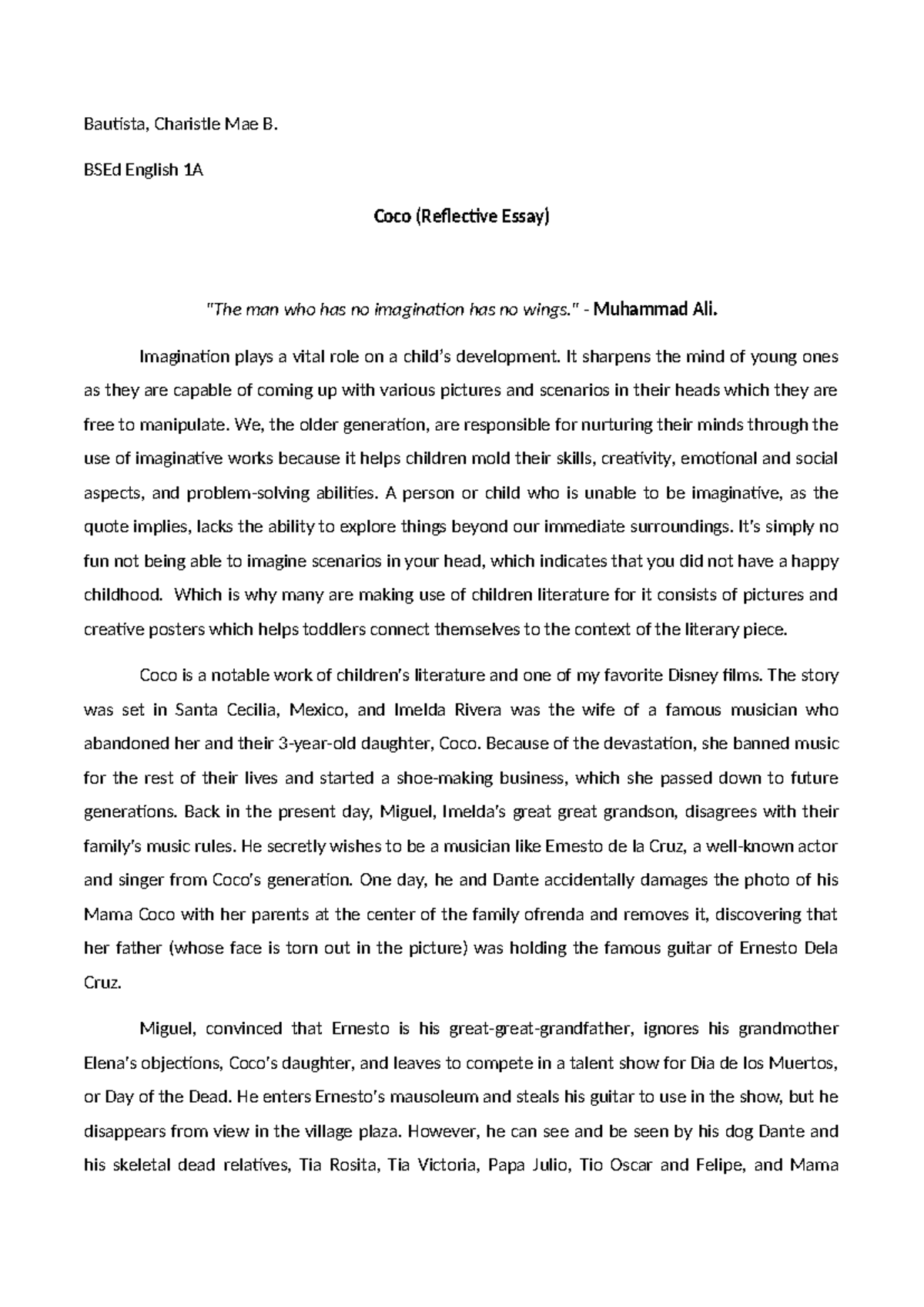 Reflective Essay - Bautista, Charistle Mae B. BSEd English 1A Coco ...