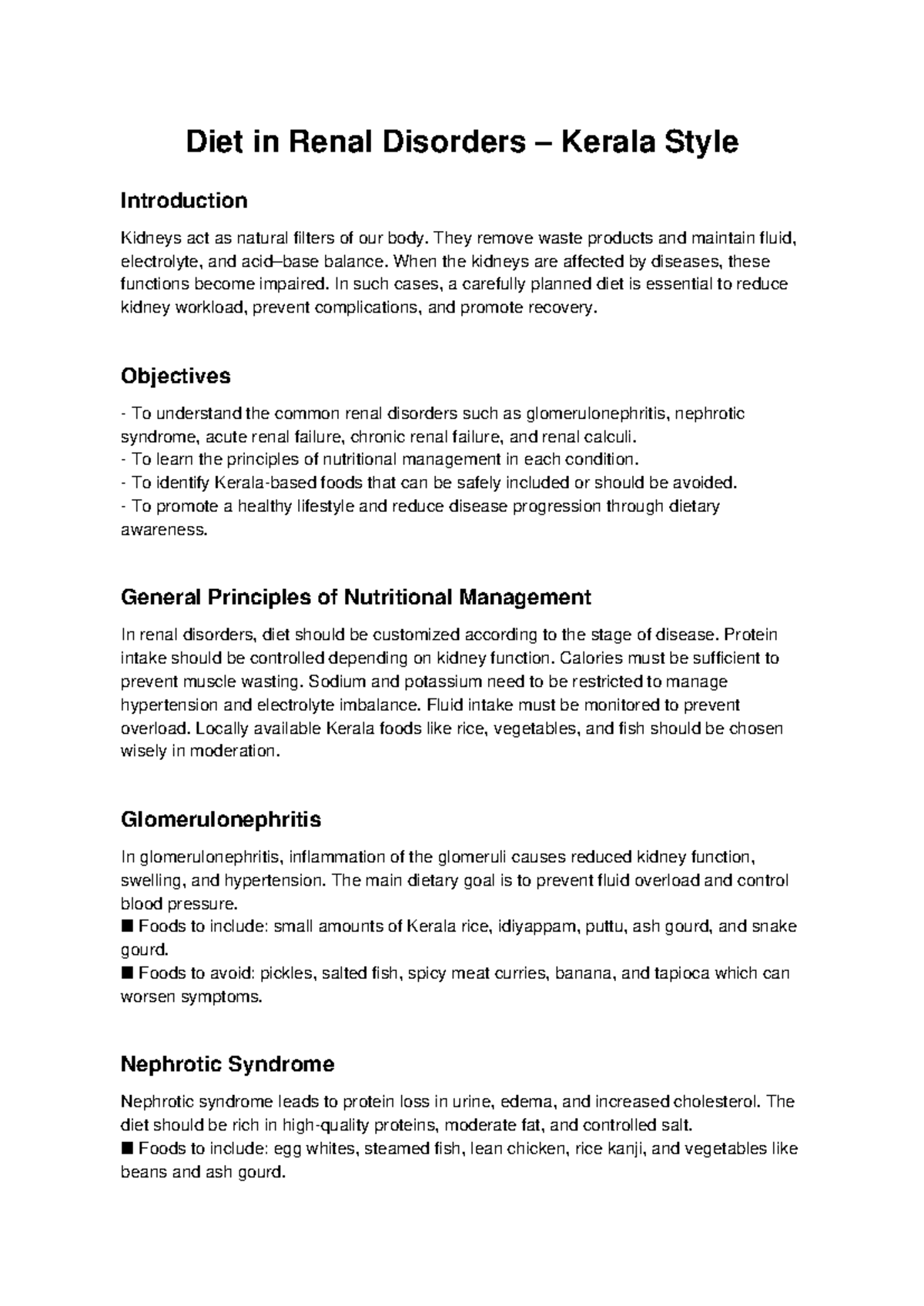 Dietary Management of Renal Disorders: Kerala Style Insights - Studocu