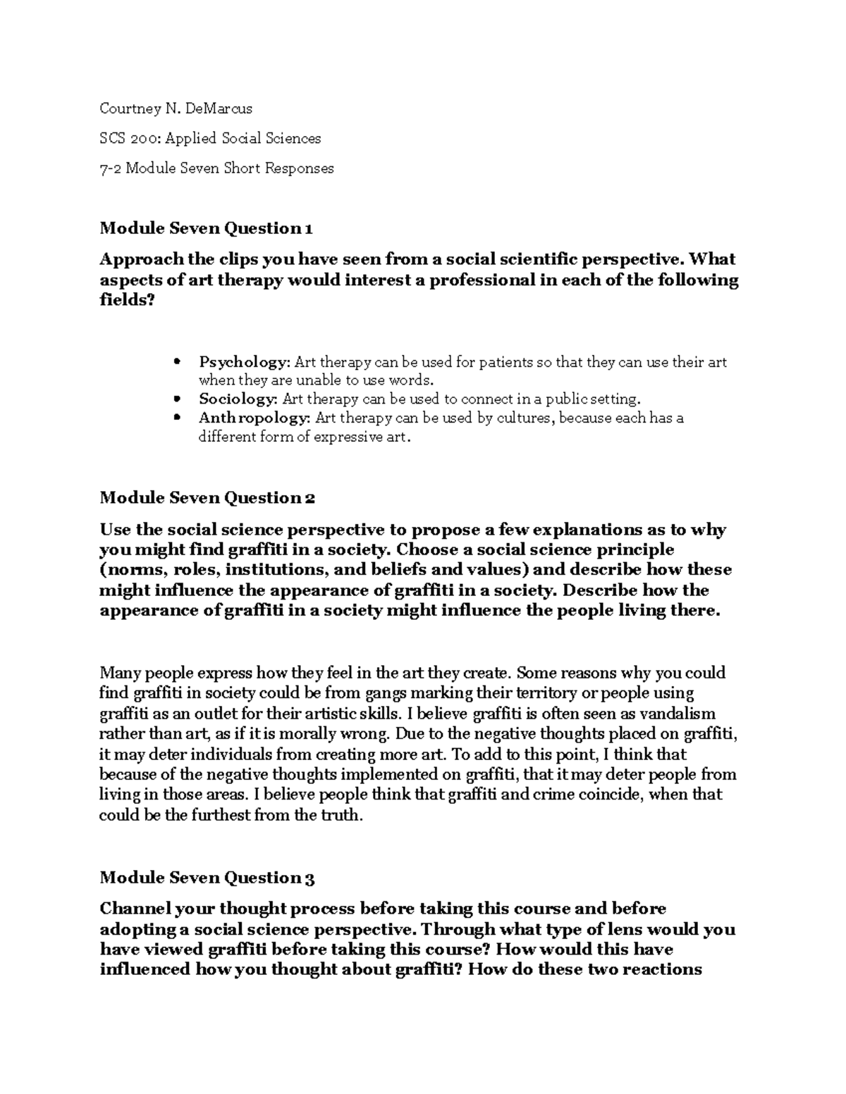 SCS 200 Module 7 Short Responses on Art Therapy and Graffiti - Studocu