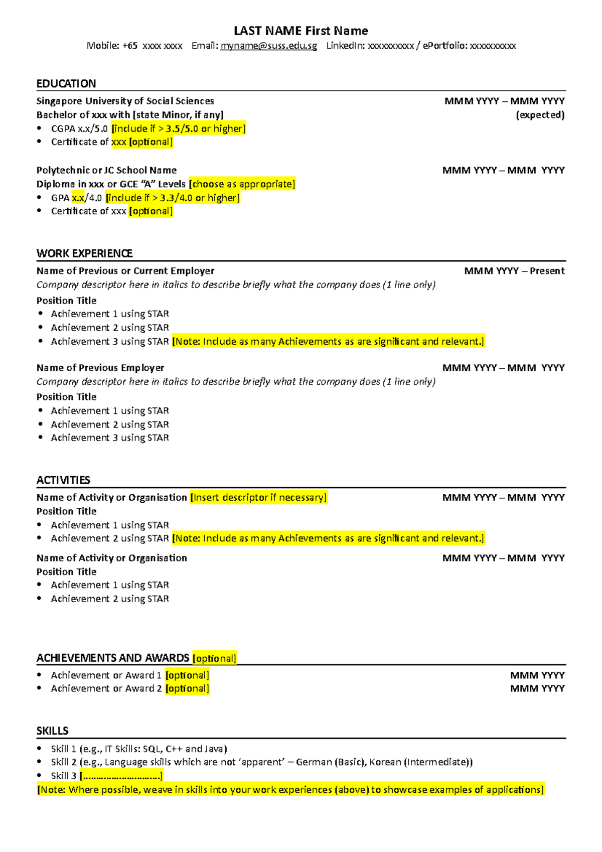 SUSS Resume Template: Crafting Your Achievements in STAR Format - Studocu