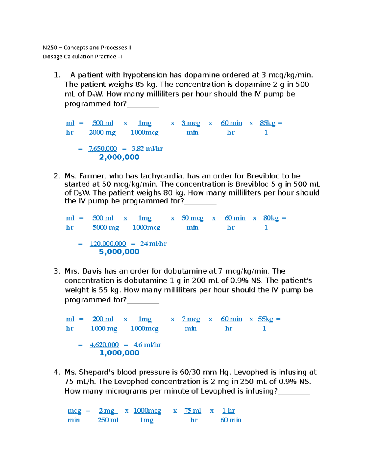 Practice Exam I-Answers - Dosage Calculation - N250 – Concepts and ...