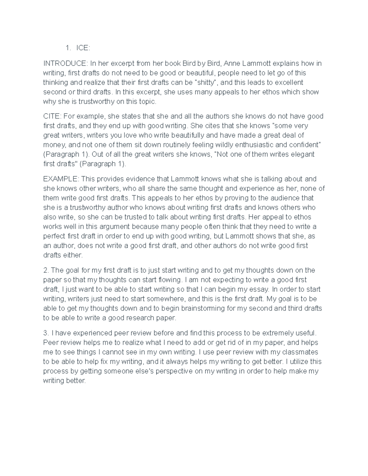 English week 7 - 1. ICE: INTRODUCE: In her excerpt from her book Bird ...