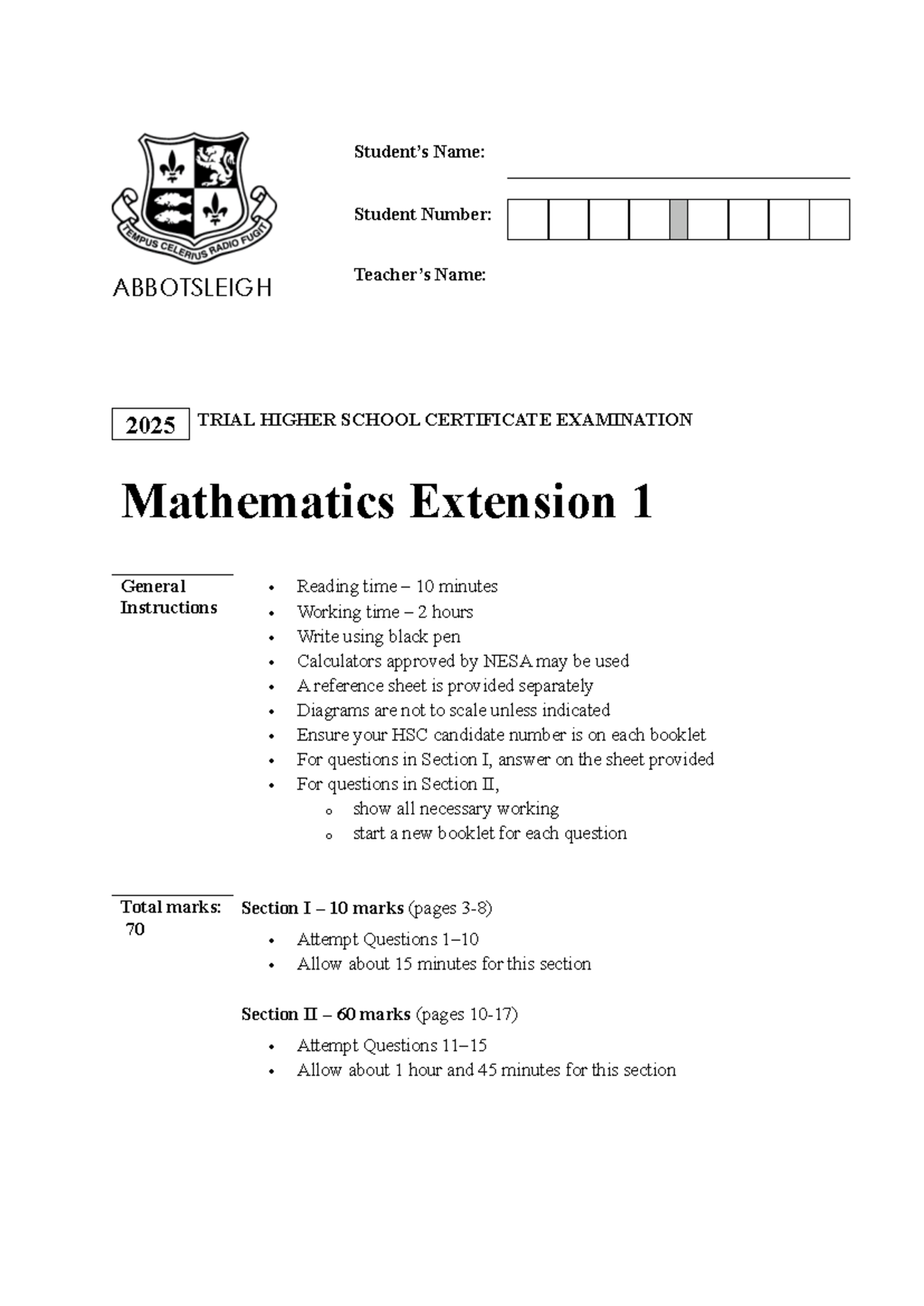 Abbotsleigh 2025 HSC Mathematics Extension 1 Trial Exam Solutions - Studocu