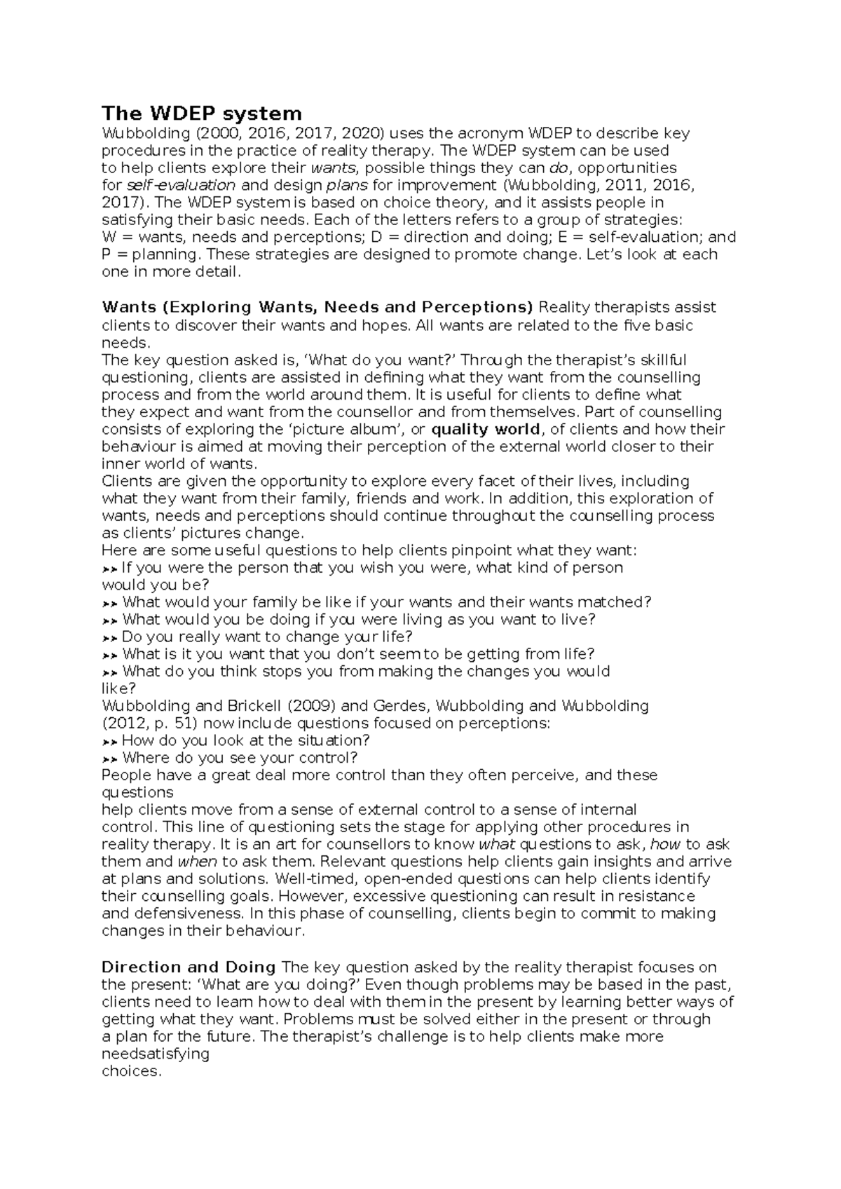 WDEP System in Reality Therapy: Key Strategies for Change (RESEARCH ...