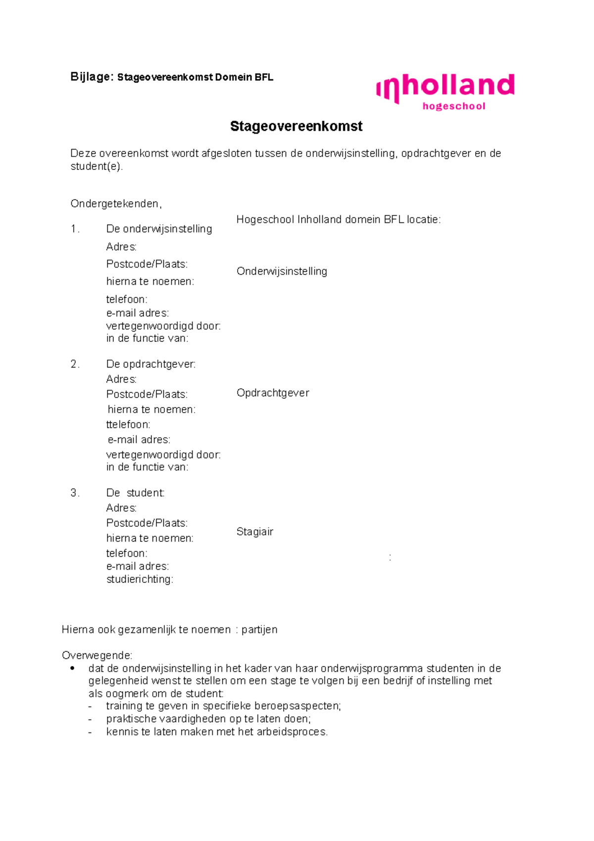 Stageovereenkomst Hogeschool Inholland BFL 2023-2024 - Studeersnel