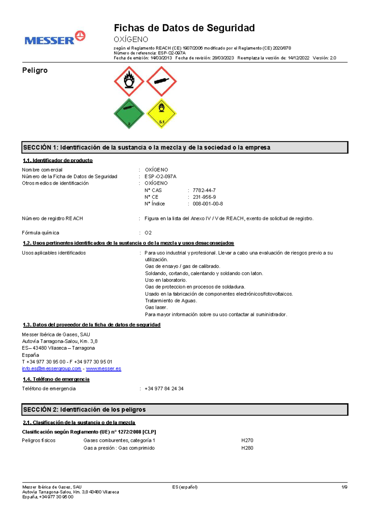 Fichas de Datos de Seguridad de OXÍGENO según REACH (CE) - Messer - Studocu