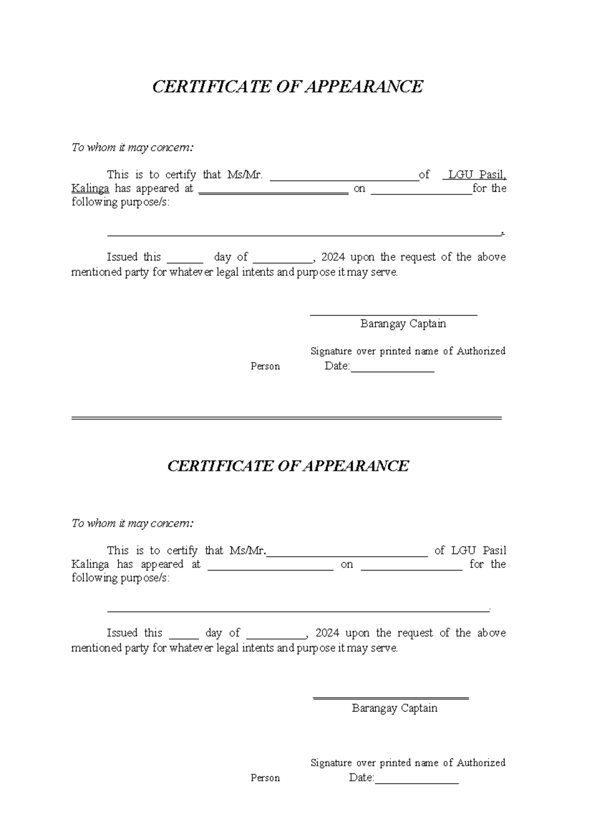 Certificate of Appearance: LGU Pasil for Legal Purposes - Studocu