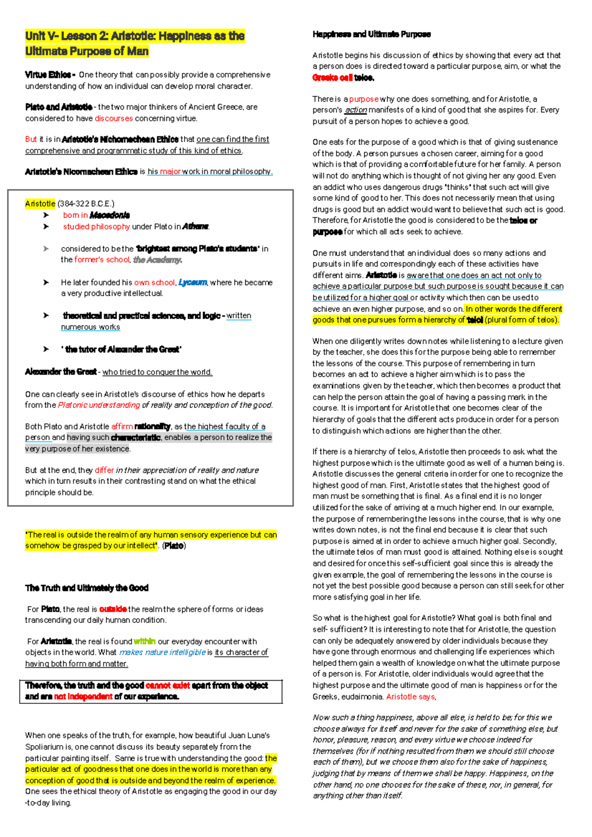 Unit V - Lesson 2&3: Aristotle on Happiness & Virtue Ethics - Studocu