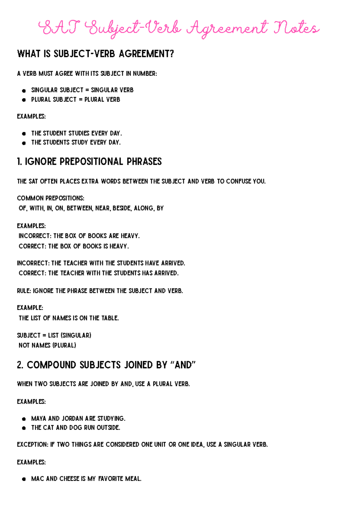 SAT Subject-Verb Agreement Notes: Key Rules and Examples - Studocu