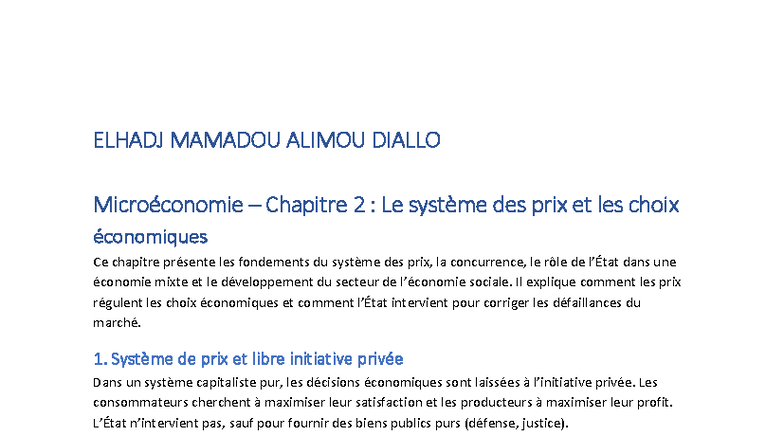 Microéconomie ELHADJ MAMADOU ALIMOU DIALLO - Chapitre 2 : Système des ...