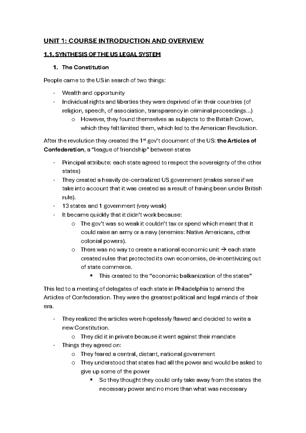 UNIT 1: INTRO TO US LEGAL SYSTEM & CONSTITUTION OVERVIEW - Studocu