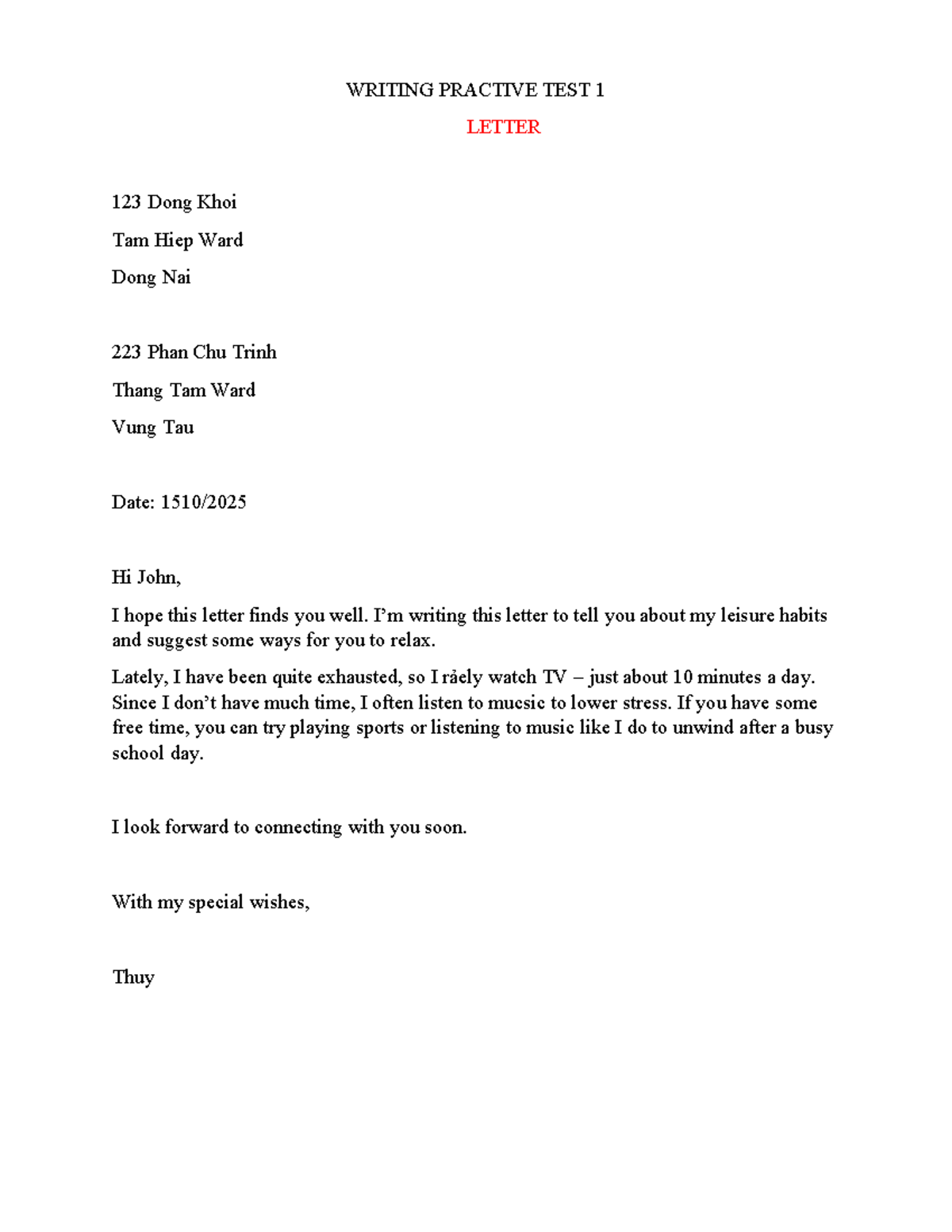 WRITING PRACTICE TEST 1: LETTER TO A FRIEND - Studocu