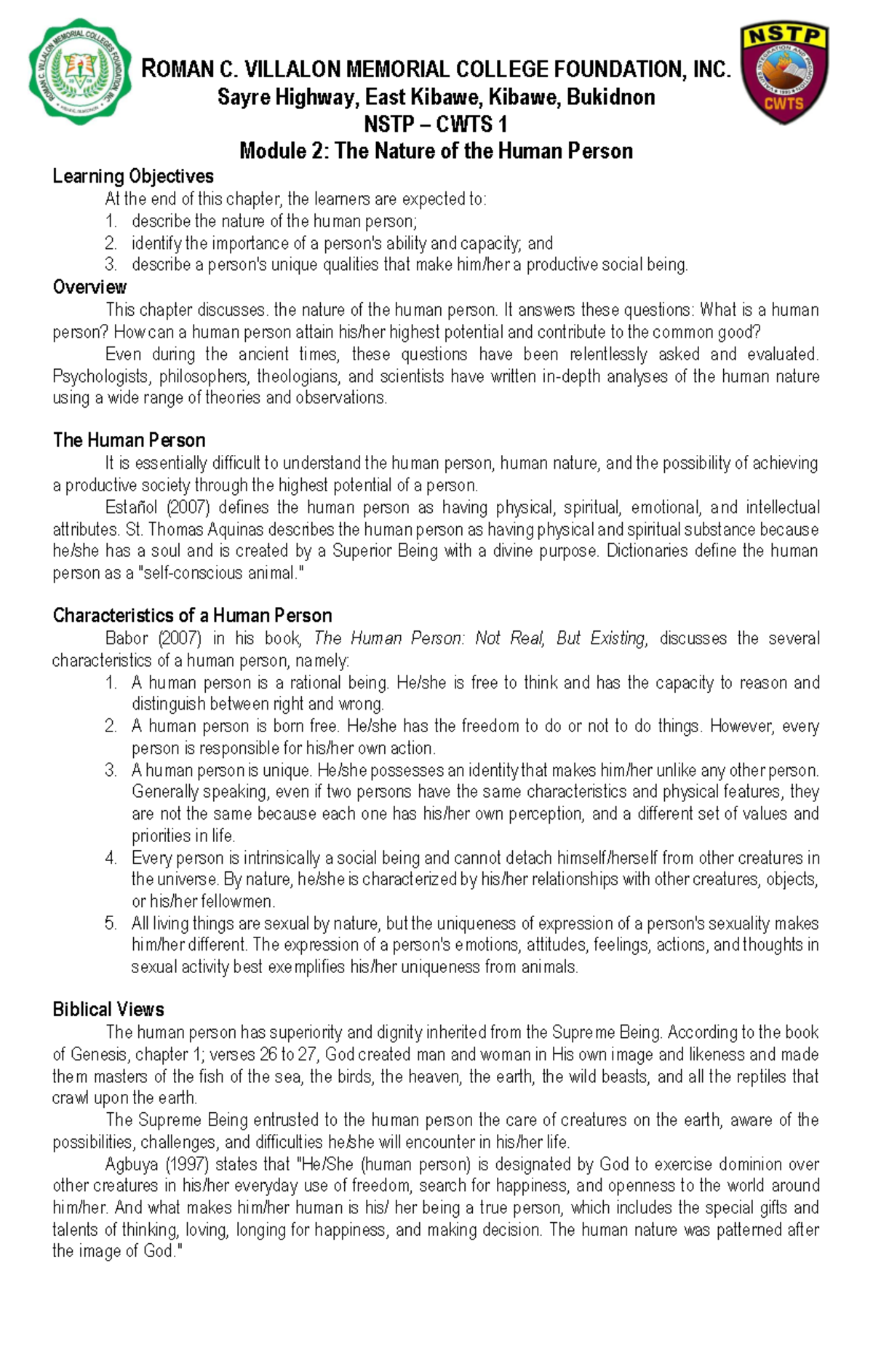 NSTP CWTS 1 Module 2 - The Nature of the Human Person - Studocu