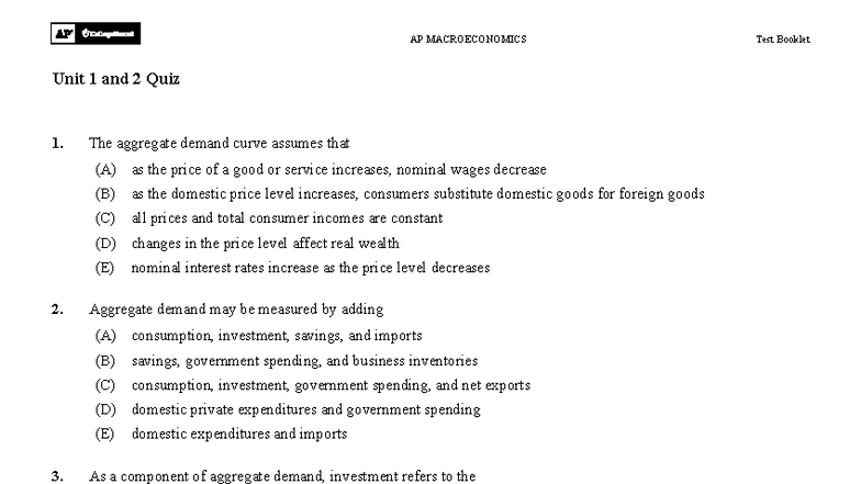 AP MACROECONOMICS Unit 1 & 2 Quiz 1: Aggregate Demand Insights - Studocu
