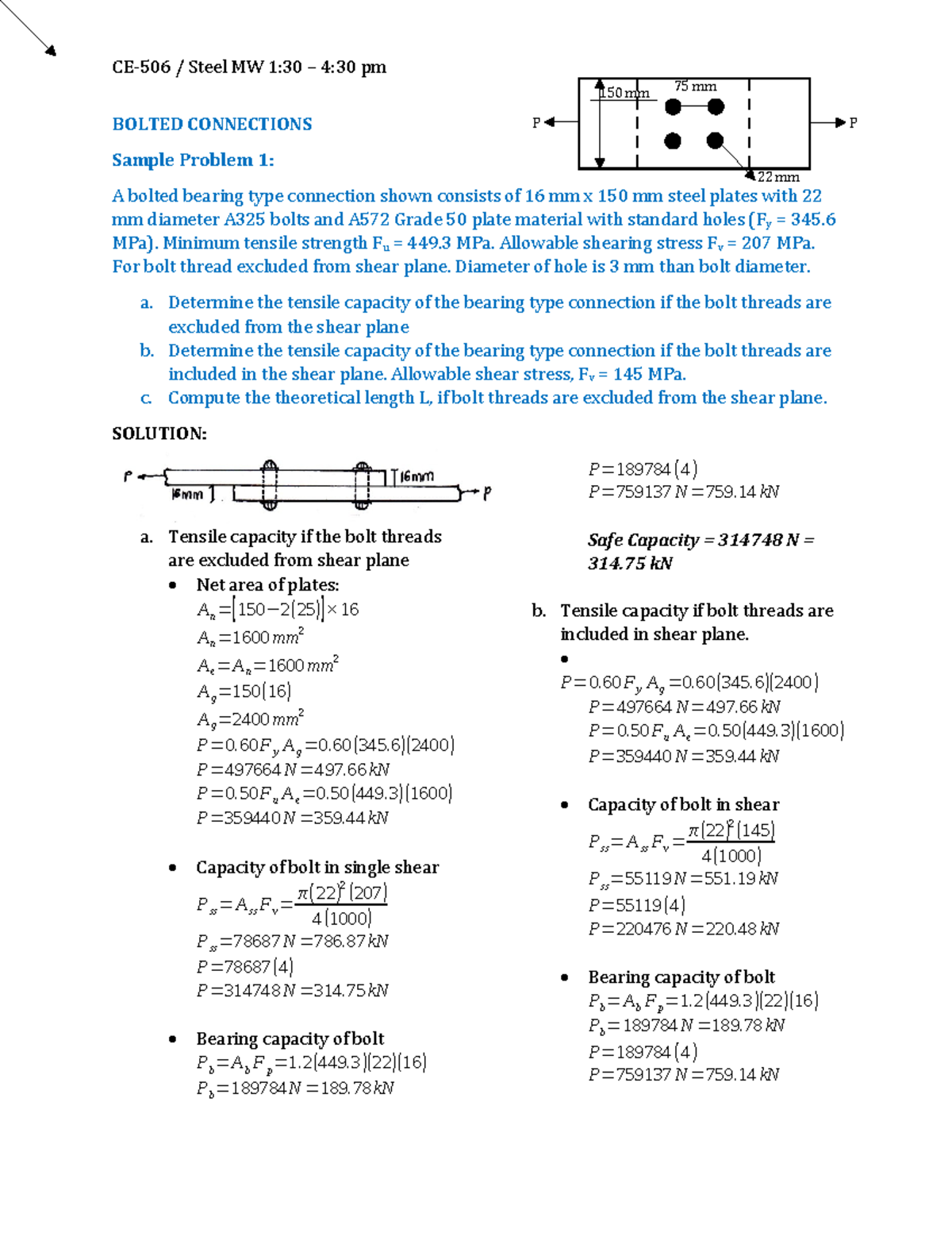 Steel MW 1:30 4:30 pm Bolted Connections: Sample Problems and Solutions - Studocu