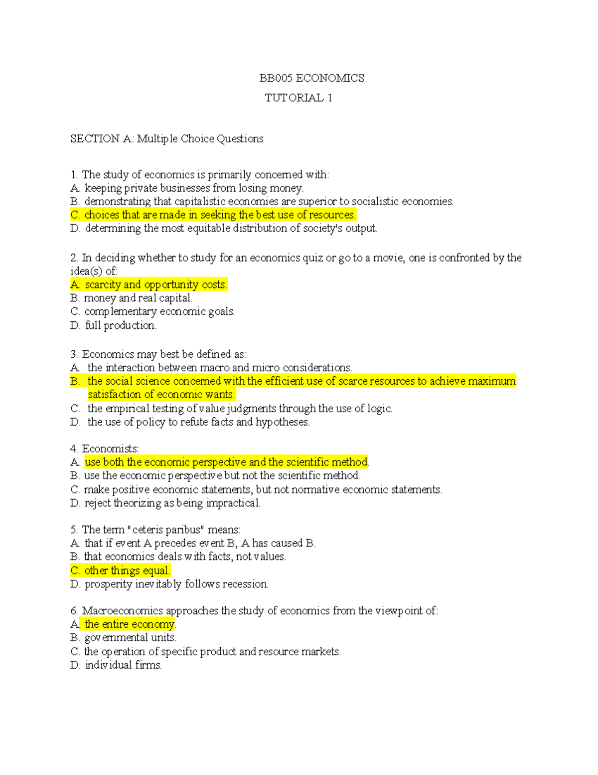 Tutorial 1 - for practise - BB005 ECONOMICS TUTORIAL 1 SECTION A ...