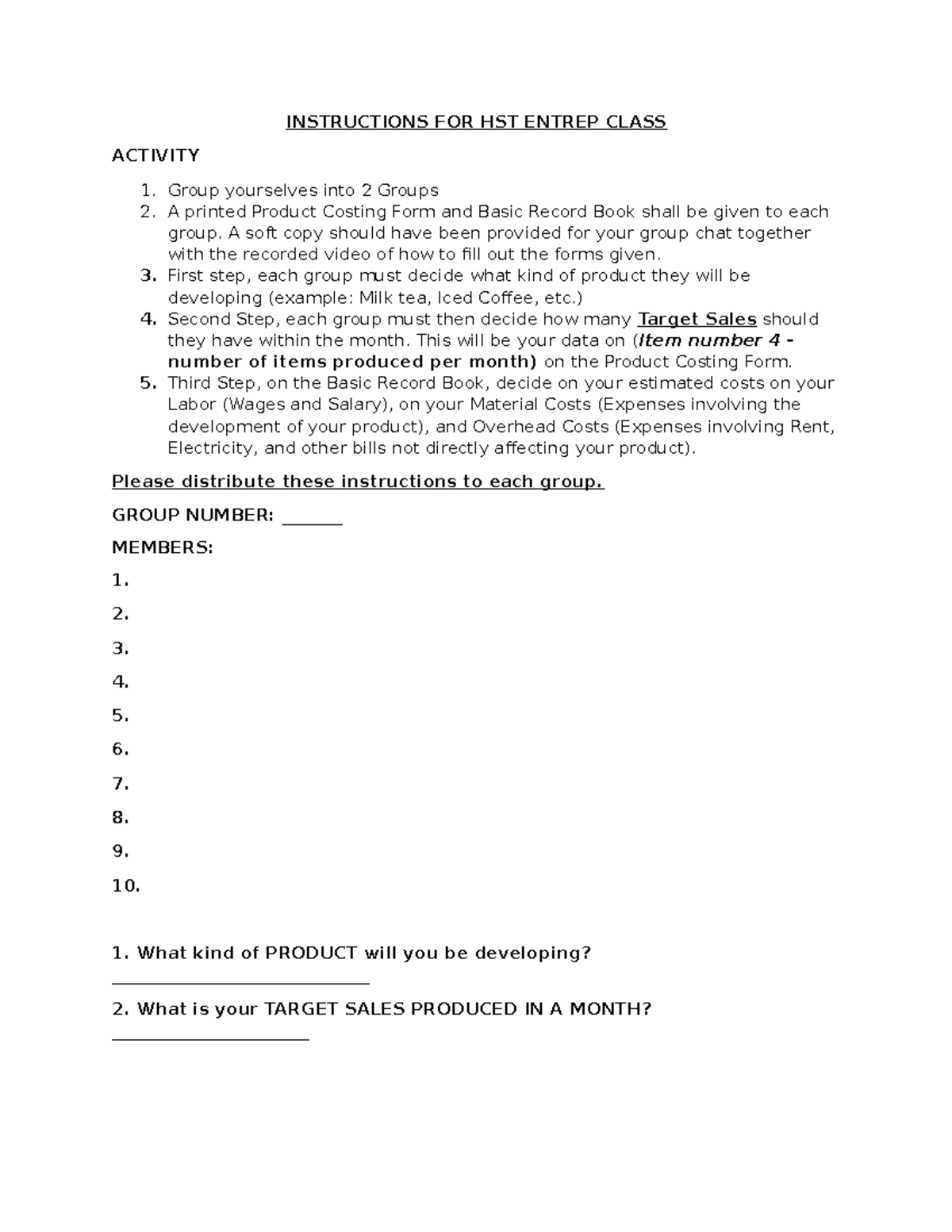 HST ENTREP Class Activity 1: Product Development Instructions - Studocu