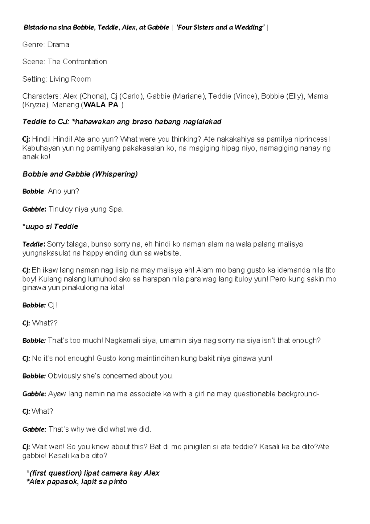 Bistado na sina Bobbie: Script ng Dramatic Confrontation Scene - Studocu