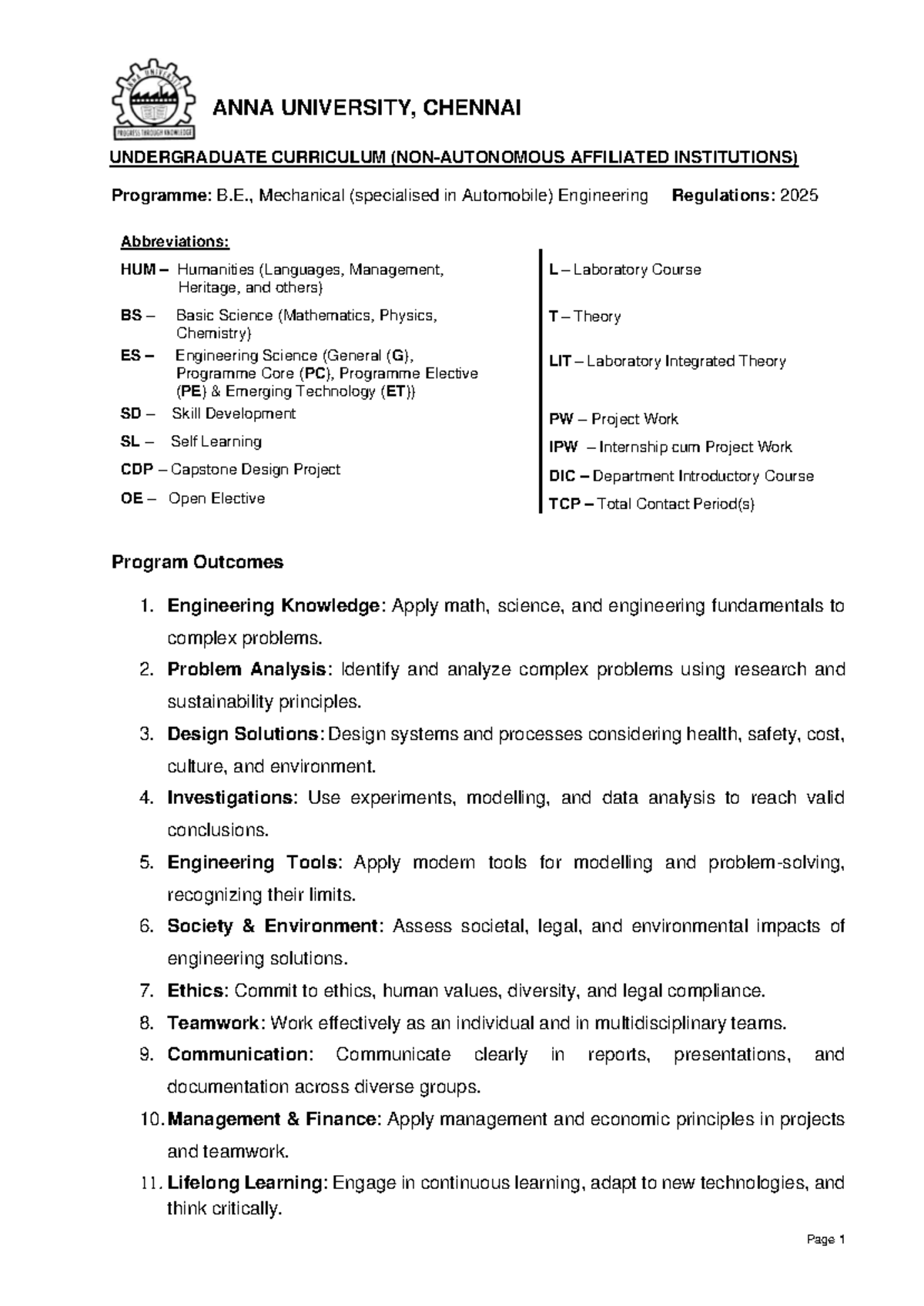 B.E. Mechanical Engineering (Automobile) Curriculum Overview 2025 - Studocu
